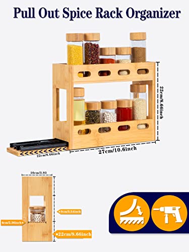 Vinknde Pull Out Spice Rack Organizer for Cabinet,Bamboo Spice Rack Soice Rack 2 Tiers,Slide Out Vertical Seasoning Spice Organizer for Cabinet,Pantry,Kitchen