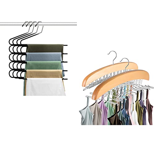 Velvet Pants Hanger Space Saving Non-Slip Jeans Hanger 4 Pack Black Multi-Layer Trouser Hanger, Tank Top Hanger Space Saving Bra Hanger for Closet Organizer Wooden Tie Storage Rack for Camisole (2Pcs)