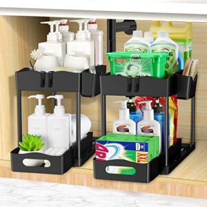 under sink organizer, 2-tier sliding under sink organizers and storage black, multi-purpose under cabinet storage for kitchen bathroom with hooks, hanging cup, 2 pack