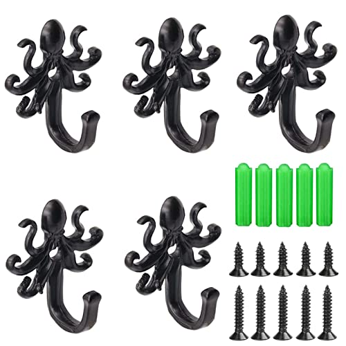 XUEBEI 5 Pack Wall Mounted Key Holder,Nautical Decor Wall Art Octopus Hooks,Heavy Duty Towel Hooks Decorative for Patio Backyard Yard Fence Pool Bathroom Living Room (B-Octopus Hook)