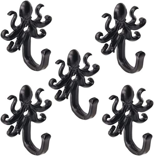 XUEBEI 5 Pack Wall Mounted Key Holder,Nautical Decor Wall Art Octopus Hooks,Heavy Duty Towel Hooks Decorative for Patio Backyard Yard Fence Pool Bathroom Living Room (B-Octopus Hook)