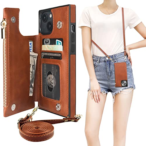 Bocasal Crossbody Wallet Case for iPhone 14 Plus with RFID Blocking Card Slot Holder, Magnetic Flip Folio Purse Case, PU Leather Zipper Handbag with Detachable Lanyard Strap 6.7 Inch 5G (Brown)