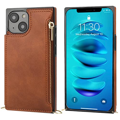 Bocasal Crossbody Wallet Case for iPhone 14 Plus with RFID Blocking Card Slot Holder, Magnetic Flip Folio Purse Case, PU Leather Zipper Handbag with Detachable Lanyard Strap 6.7 Inch 5G (Brown)