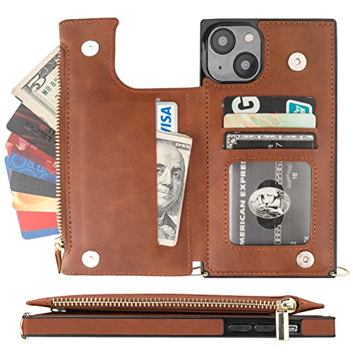 Bocasal Crossbody Wallet Case for iPhone 14 Plus with RFID Blocking Card Slot Holder, Magnetic Flip Folio Purse Case, PU Leather Zipper Handbag with Detachable Lanyard Strap 6.7 Inch 5G (Brown)