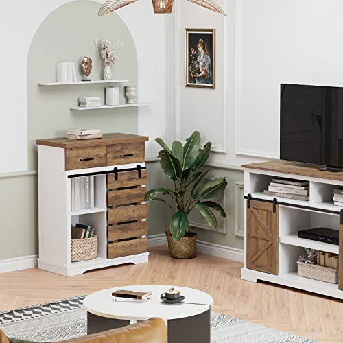 HOSTACK Farmhouse Coffee Bar Cabinet, Sideboard Buffet Cabinet with Drawers and Shelves, Sliding Barn Door Storage Cabinet for Kitchen, Living Room, Dining Room, Entryway, White and Rustic Brown