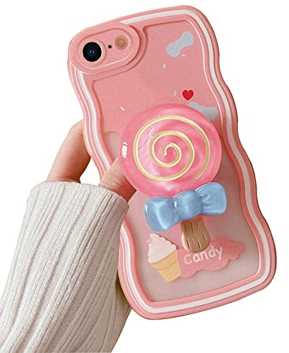 KUMTZO iPhone SE 2022/2020 Case,iPhone 8/7 Case, Cute Cream Print Clear Soft TPU Case with Candy Ring Kickstand Camera Protection Shockproof Cover for Women Girls with iPhone 7/8 4.7 inch (Pink)