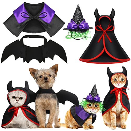 4 Pcs Halloween Pet Costume Cat Dog Wizard Costume Vampire Devil Cloak with Hat Bat Wings Wizard Hat Devil Cloak Cat Small Dogs Outfits for Halloween Party Pet Cosplay