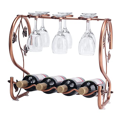 Countertop Wine Rack with Wine Glass Holders, Holds 4 Bottles and 6 Stemwares