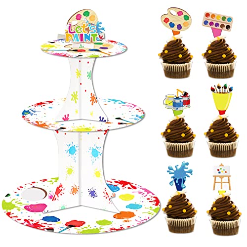 Art Painting Cupcake Stand with 24pcs Cupcake Toppers for Art Birthday Party Decorations 3 Tire Paint Party Cupcake Dessert Holder for Artist Birthday Baby Shower Party Decor Supplies