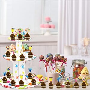 Art Painting Cupcake Stand with 24pcs Cupcake Toppers for Art Birthday Party Decorations 3 Tire Paint Party Cupcake Dessert Holder for Artist Birthday Baby Shower Party Decor Supplies