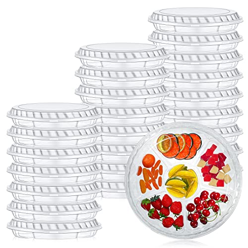 Yetene 24 Pcs 12 Inch Round Plastic Serving Tray with Lid Disposable Divided Serving Tray 6 Sectional Fruit Tray Veggie Platter Fruit Platter Container Clear Travel Organizer for Party Snack Buffet