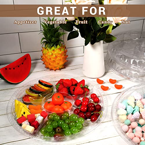 Yetene 24 Pcs 12 Inch Round Plastic Serving Tray with Lid Disposable Divided Serving Tray 6 Sectional Fruit Tray Veggie Platter Fruit Platter Container Clear Travel Organizer for Party Snack Buffet