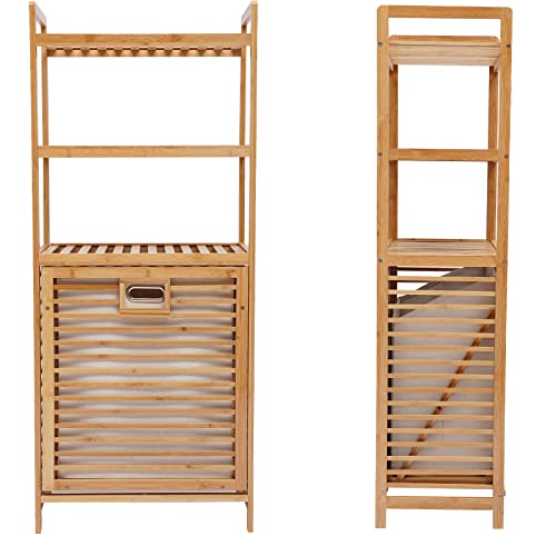 Bamboo Laundry Hamper with Rack,Laundry Basket with 3 Shelves,Laundry Hamper Cabinet Organizer,Wooden Laundry Sorter,Bathroom Storage Shelf Cabinet with Tilt Out Basket Clothes Bag for Laundry Room