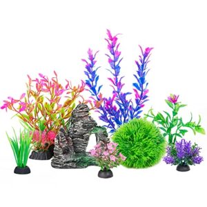 ameliade aquarium decorations fish tank artificial plastic plants & cave rock decor set, goldfish betta fish tank accessories small & large fish bowl decorations （8pcs