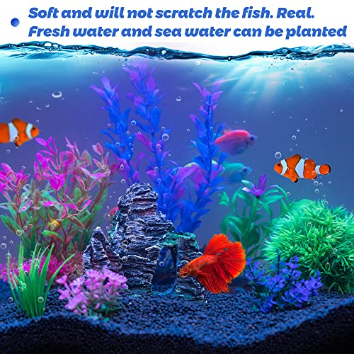 Ameliade Aquarium Decorations Fish Tank Artificial Plastic Plants & Cave Rock Decor Set, Goldfish Betta Fish Tank Accessories Small & Large Fish Bowl Decorations （8PCS