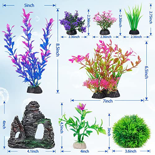 Ameliade Aquarium Decorations Fish Tank Artificial Plastic Plants & Cave Rock Decor Set, Goldfish Betta Fish Tank Accessories Small & Large Fish Bowl Decorations （8PCS