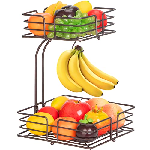 Kufutee 2 Tier Countertop Fruit Basket,Vegetables Bowl Storage With Banana Hanger,Bronze