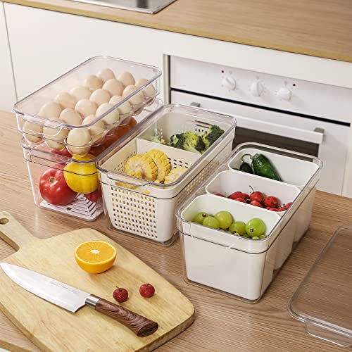 Sunview 7Pack Fruit Containers for Fridge,Produce Saver Refrigerator Organizer Bins,Kitchen Food Storage with Removable Drain Colanders Fridge Organizer,with Ice Tray and Reusable Food Storage Bags