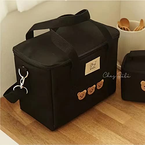 LaurelTree Aesthetic Kawaii Cute Lunch Bag Box with Straps Insulated Waterproof Durable for Women Girls Kids Office School (Black-Three Bears)