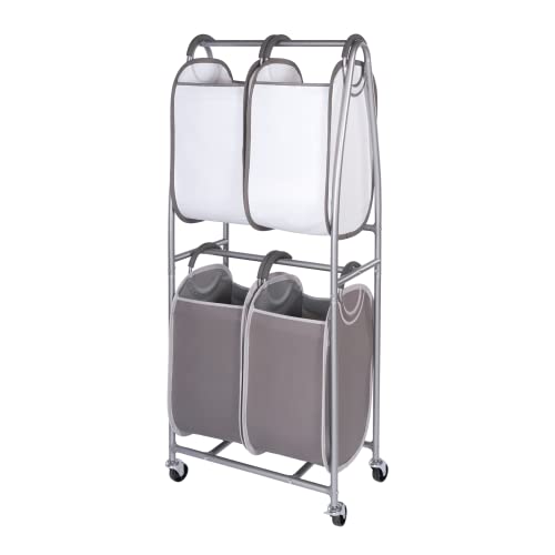 2 Tier Vertical Rolling Laundry Cart by Neatfreak! - Rolling Storage Cart On Wheels With 4 x Tote Hampers For Laundry, Towels, Blankets & Bathroom Organization - Quad Laundry Sorter