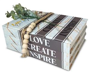 zokael decorative book decor - set includes 3 hard cover books with love create inspire quote, decorated with twine and beads and a faux leaf. a great gift idea