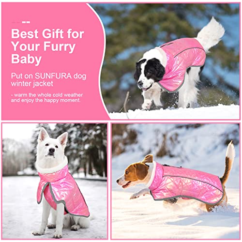 SUNFURA Warm Dog Coat, Waterproof Dog Winter Jacket for Small Medium Large Dogs, Turtleneck Dog Snow Jacket Reflective Dog Coats with Harness, Padded Dog Snowsuit for Cold Weather, Pink 2XL