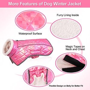 SUNFURA Warm Dog Coat, Waterproof Dog Winter Jacket for Small Medium Large Dogs, Turtleneck Dog Snow Jacket Reflective Dog Coats with Harness, Padded Dog Snowsuit for Cold Weather, Pink 2XL