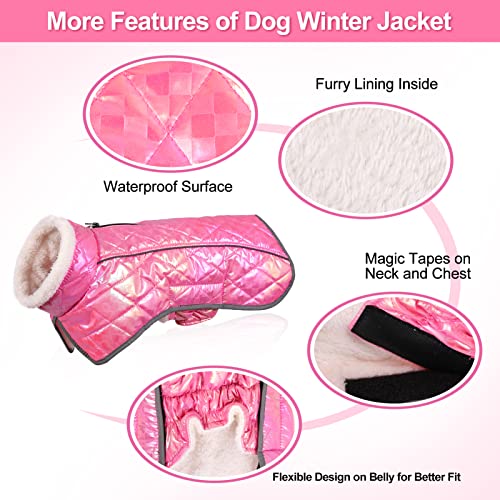 SUNFURA Warm Dog Coat, Waterproof Dog Winter Jacket for Small Medium Large Dogs, Turtleneck Dog Snow Jacket Reflective Dog Coats with Harness, Padded Dog Snowsuit for Cold Weather, Pink 2XL