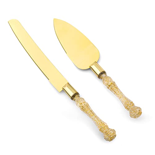 Homi styles Wedding Cake knife and Server Set | Glitter Gold Color Premium 420 Stainless Steel Titanium gold plated Blades | Cake & Pie Serving Set for Wedding Cake, Birthdays, Anniversaries, Parties