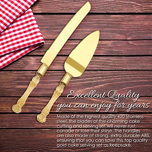 Homi styles Wedding Cake knife and Server Set | Glitter Gold Color Premium 420 Stainless Steel Titanium gold plated Blades | Cake & Pie Serving Set for Wedding Cake, Birthdays, Anniversaries, Parties