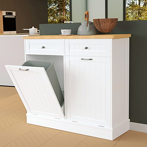 Betterhood Double Tilt Out Trash Can Cabinet 20 Gallon for Kitchen with Drewers & Solid Wooden Tabletop Free Standing,Trash Bin Cabinet (White)