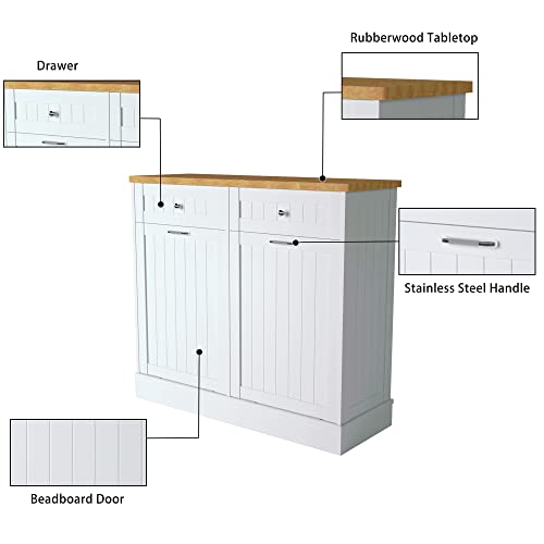 Betterhood Double Tilt Out Trash Can Cabinet 20 Gallon for Kitchen with Drewers & Solid Wooden Tabletop Free Standing,Trash Bin Cabinet (White)