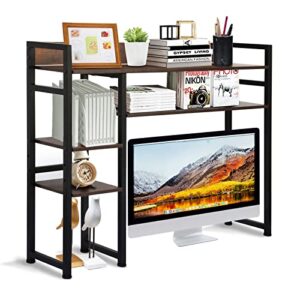 yeiboofu desktop bookshelf, 2-tier multipurpose wood bookcase for computer desk, countertop storage hutch display rack organizer for dorm office home - brown