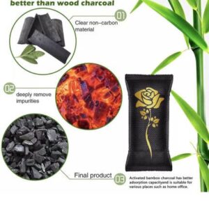 ROSEL- 55g 4pack Black Bamboo Charcoal Air Purifying Bags/ CONVINIENT Sized Purifier/ Dust, Mine and Pollen Absorber/ Eliminates Odor Fragrance Free, No Pump Sprays, Powders, Perfume/Residue, 7x2.7