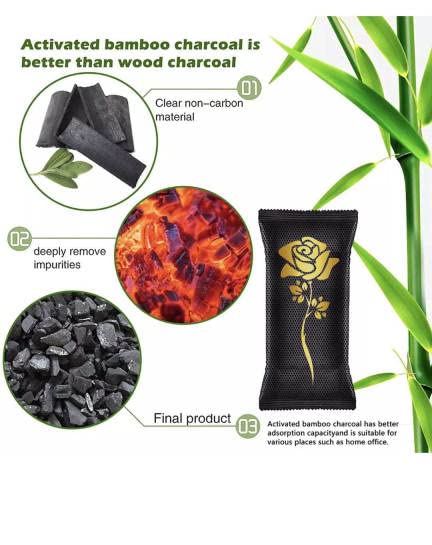 ROSEL- 55g 4pack Black Bamboo Charcoal Air Purifying Bags/ CONVINIENT Sized Purifier/ Dust, Mine and Pollen Absorber/ Eliminates Odor Fragrance Free, No Pump Sprays, Powders, Perfume/Residue, 7x2.7