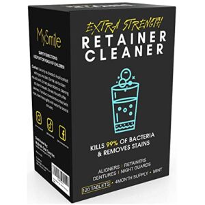 mysmile retainer cleaner with 120 denture cleaning tablets, removes plaque, odors, stains from aligner, invisalign, mouth guard, night guard