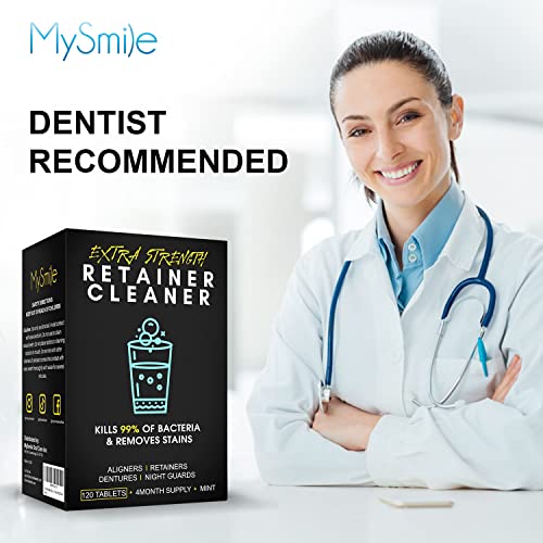 Mysmile Retainer Cleaner with 120 Denture Cleaning Tablets, Removes Plaque, Odors, Stains from Aligner, Invisalign, Mouth Guard, Night Guard