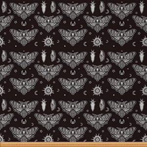 boys boho moth fabric by the yard, men gothic skull upholstery fabric for girls women, halloween bohemian moon star decorative fabric moth skull skeleton bones fabric, 1 yard, black white