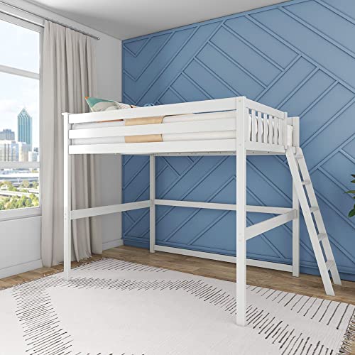 Max & Lily Full Size High Loft Bed with Ladder on End, White, Solid Wood Modern Bed Frame for Kids/Teens, Pine, Non-Toxic Finish, 400 lb. Weight Capacity, Easy Assembly