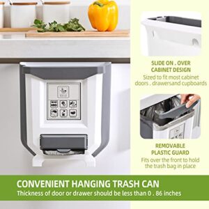 Hanging Kitchen Trash Can, Foldable Waste Bin for Kitchen, Collapsible Hanging Small Garbage Can, Garbage Container for Cabinet/Car/Bedroom/Bathroom, 2.4 Gallon (White)