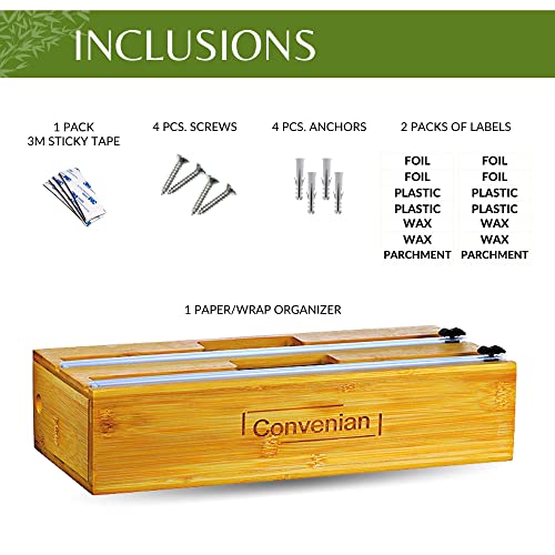 Convenian 2 in 1 Bamboo Foil and Plastic Wrap Organizer, Plastic Wrap Dispenser with Cutter, Compatible with 12" Roll for Plastic Wrap, Wax Paper, and Aluminum Foil Organization and Storage