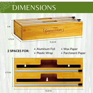 Convenian 2 in 1 Bamboo Foil and Plastic Wrap Organizer, Plastic Wrap Dispenser with Cutter, Compatible with 12" Roll for Plastic Wrap, Wax Paper, and Aluminum Foil Organization and Storage