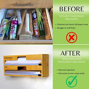 Convenian 2 in 1 Bamboo Foil and Plastic Wrap Organizer, Plastic Wrap Dispenser with Cutter, Compatible with 12" Roll for Plastic Wrap, Wax Paper, and Aluminum Foil Organization and Storage