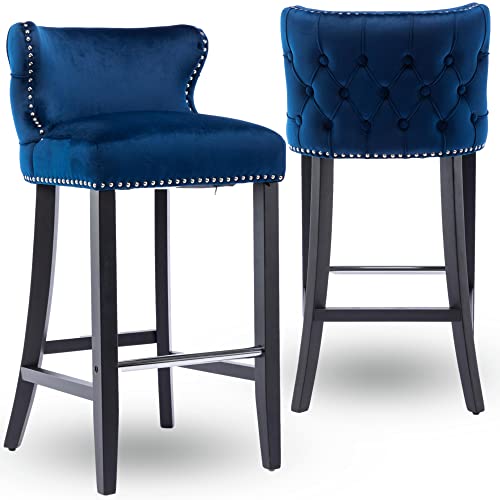 J&K Set of 2 Upholstered Wing-Back Counter Chair with Backstitching Nailhead Trim and Solid Wood Legs (Blue)