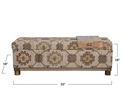 Creative Co-Op Cotton Kilim Upholstered Mango Wood Bench with Floral Pattern and Removable Tray, Multicolor Sofas, 55" L x 18" W x 19" H