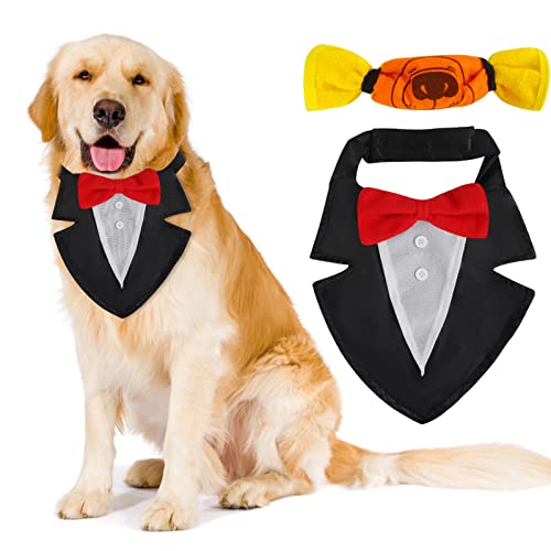 Dog Tuxedo, Formal Tuxedo&Pumpkin Chew Toy Costume Set, Large Dogs Golden Stylish Tuxedo with Adjustable Bow Tie Collar & Bandana Scarf for Christmas Wedding Birthday Party Halloween(Yellow Chew Toys)