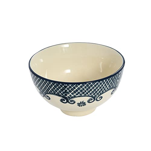 Creative Co-Op Hand Stamped Stoneware Bowl with Pattern, Cream and Blue, Set of 4 Serveware, 5"L x 5"W x 3"H, Blue & Cream