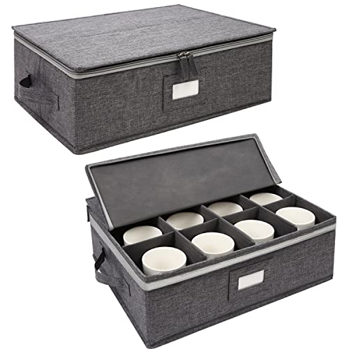 popoly Cup and Mug Storage Box 2 Pack, China Storage Boxes Containers Holds 12 Coffee Mugs and Tea Cups with Lid and Handles, Hard Top, Sides and Stackable