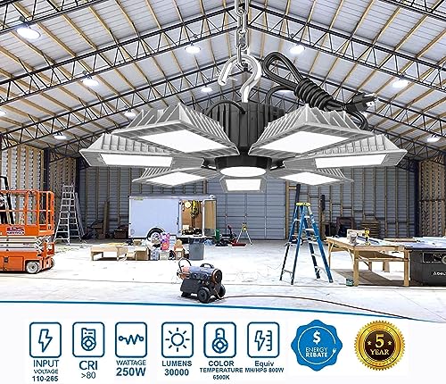 250W LED shop Lights,30000LM-Plug-in High Bay Light-Adjustable 7-Panel LED Garage light,Design-Aluminum Heat Sink-Ideal for Warehouse,Residential,Barn,Factory,Workshop-High Intensity Shop Lighting