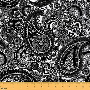 paisley fabric by the yard, paisley floral upholstery fabric, mandala exotic chic flower decorative fabric, retro boho indoor outdoor fabric, diy art waterproof fabric, black white, 5 yards